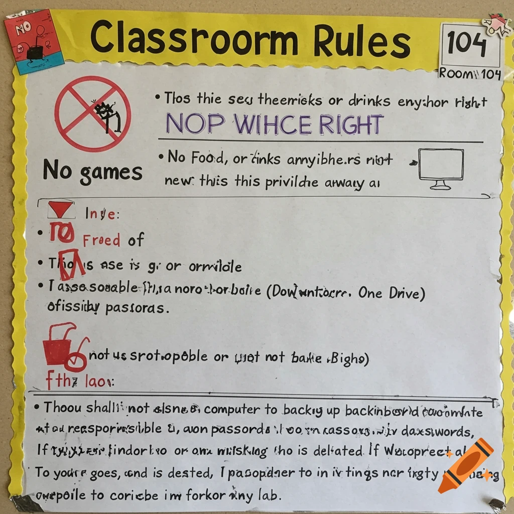 Classroom rules poster: No games, no food/drinks near computers ...