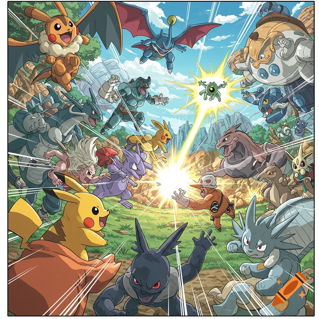 A crowded battle scene with many different Pokémon characters attacking ...