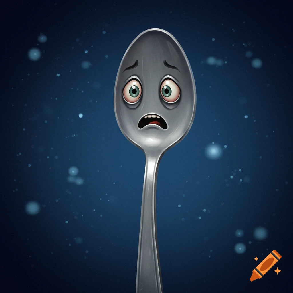 A scared cartoon spoon against a dark blue background. on Craiyon
