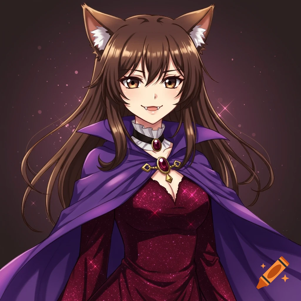 Anime girl with brown hair, cat ears, and crimson dress on Craiyon