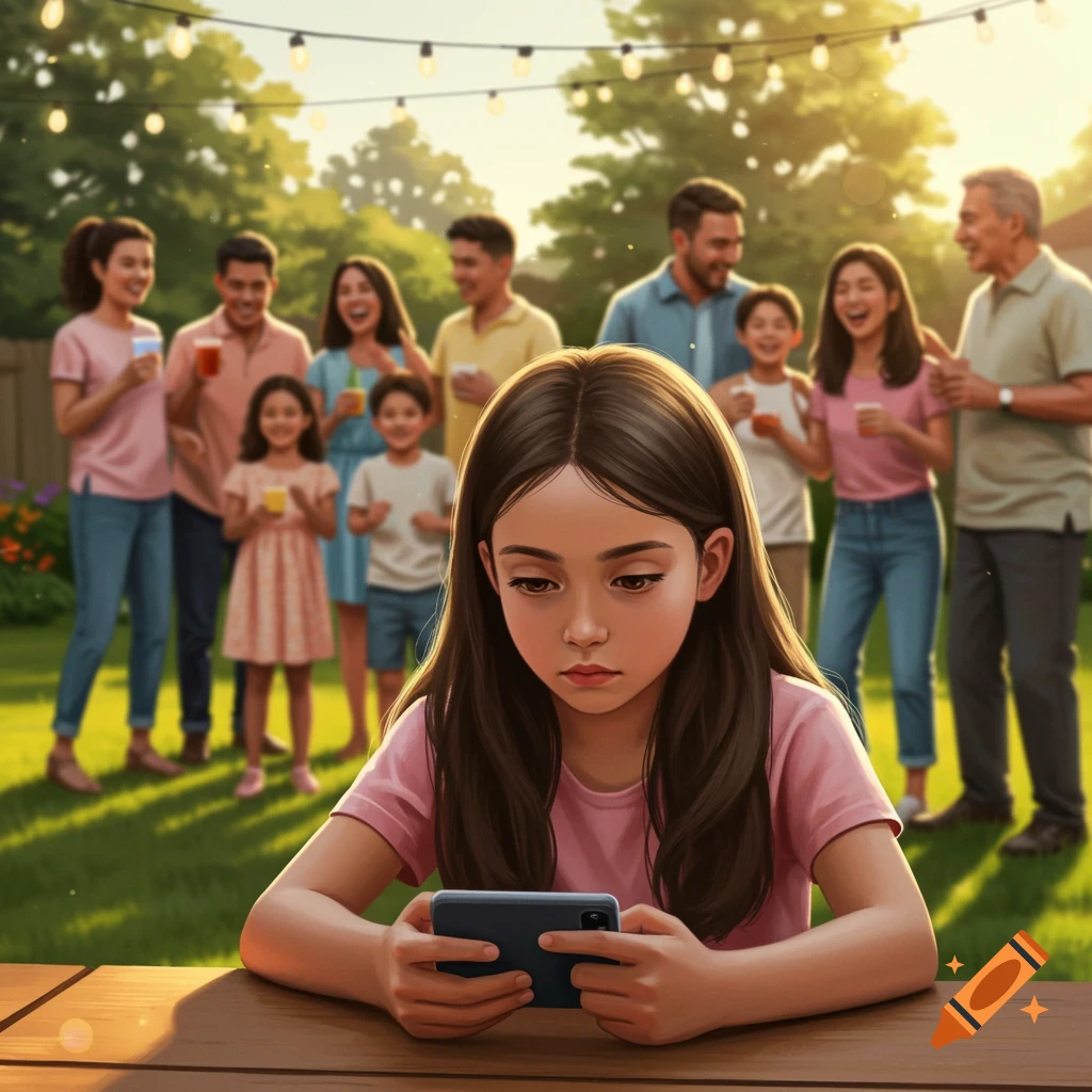 A young girl looks at her phone while at a lively family gathering in a sunlit backyard. on Craiyon