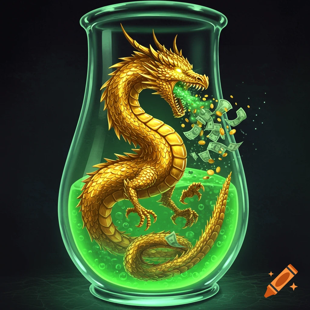 Golden dragon with coin scales in green liquid test tube, spitting cash ...