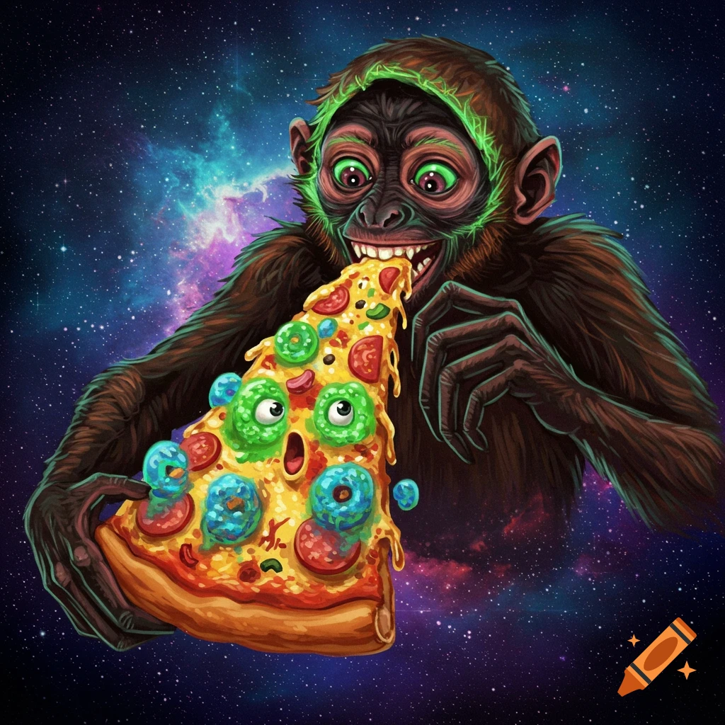 Human spider monkey eating moldy pizza on Craiyon