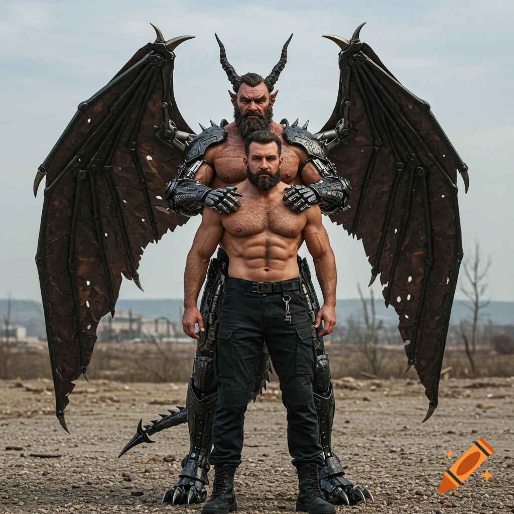 Two muscular men in a post-apocalyptic wasteland, one a cyborg dragon ...