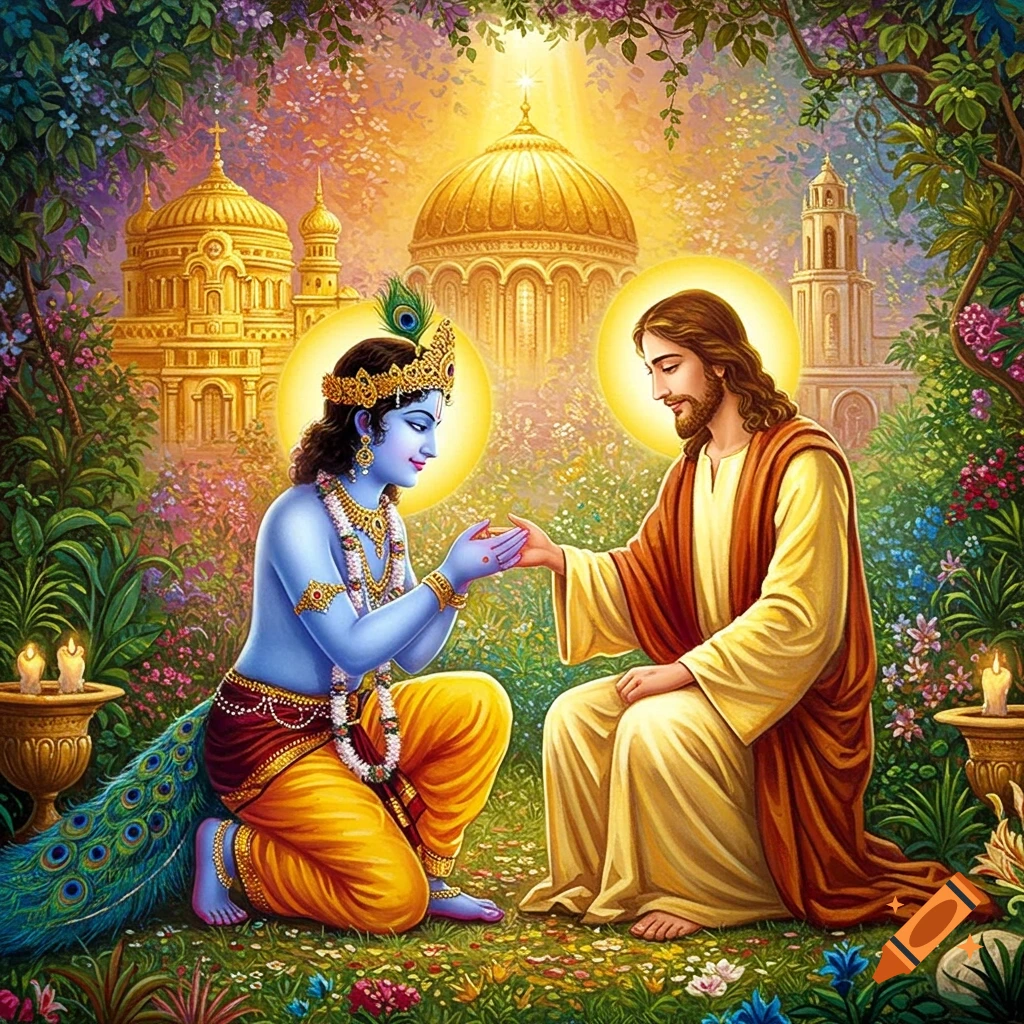Krishna and Jesus meet in a vibrant garden, hands clasped, with golden structures behind them ...