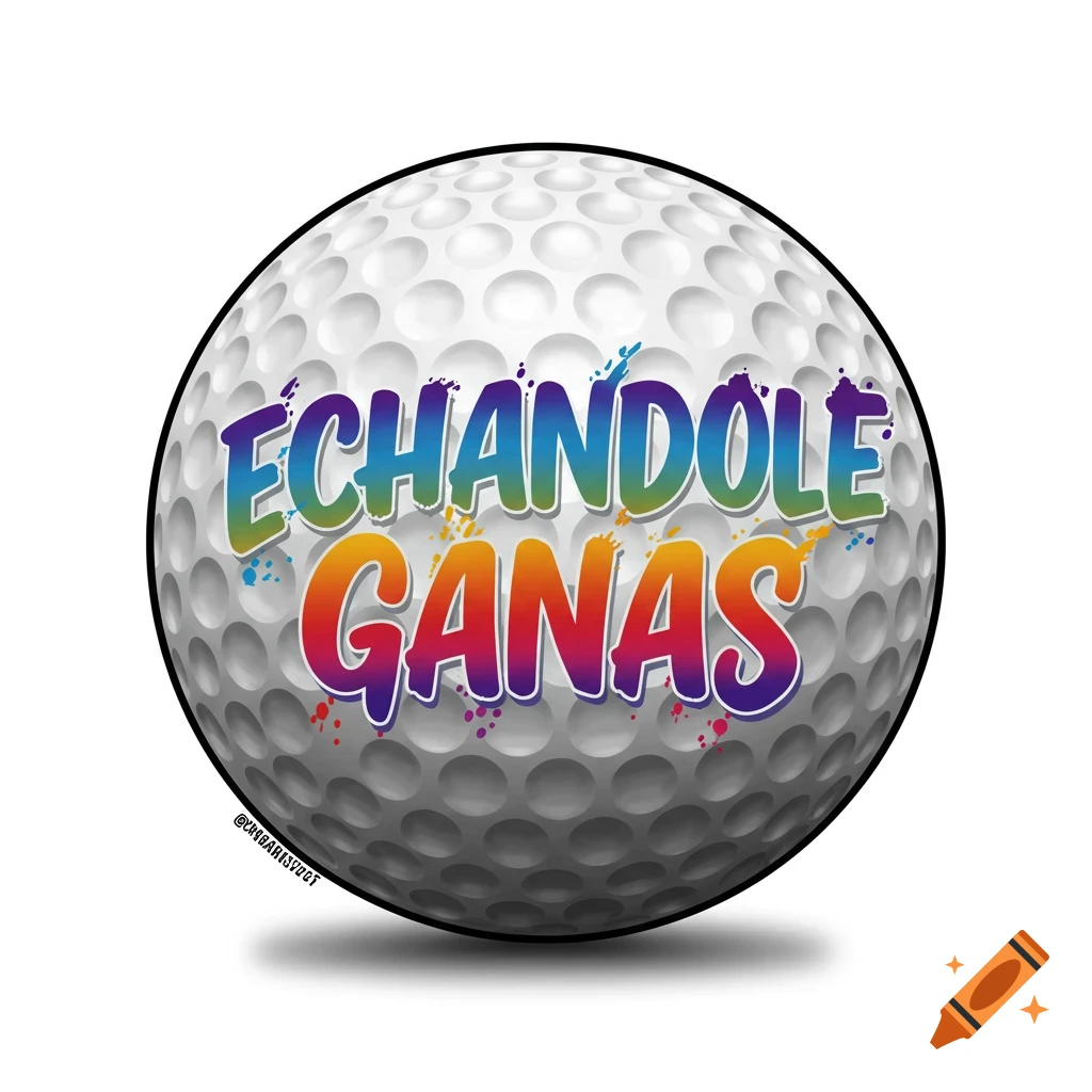 A golf ball with colorful text that reads "ECHANDOLE GANAS". on Craiyon