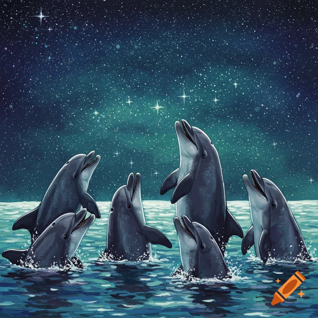 A dolphin jumps out of moonlit ocean water under a cloudy night sky. on ...