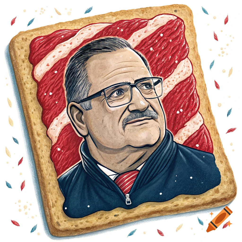 Illustration of a man's portrait on a slice of toast topped with ...