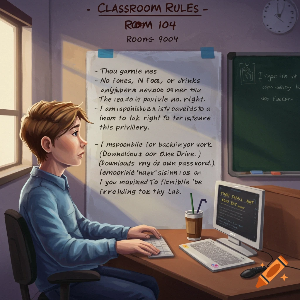 Classroom rules poster for Room 104 on Craiyon