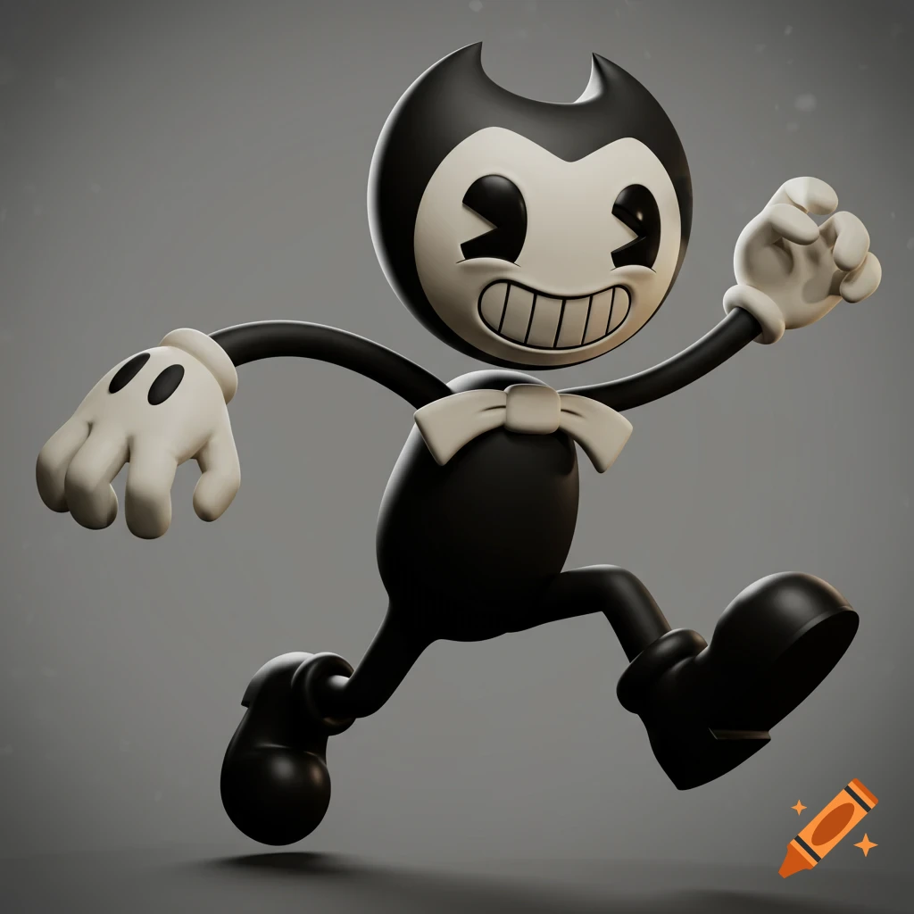 A 3D rendering of cartoon character Bendy running. on Craiyon