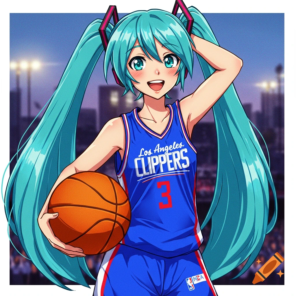 Hatsune Miku in Los Angeles Clippers jersey with basketball on Craiyon