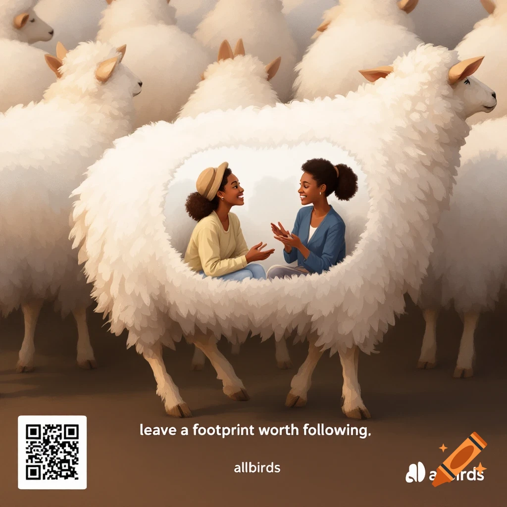 Silhouette of sheep with two women inside, QR code, Allbirds logo, and ...