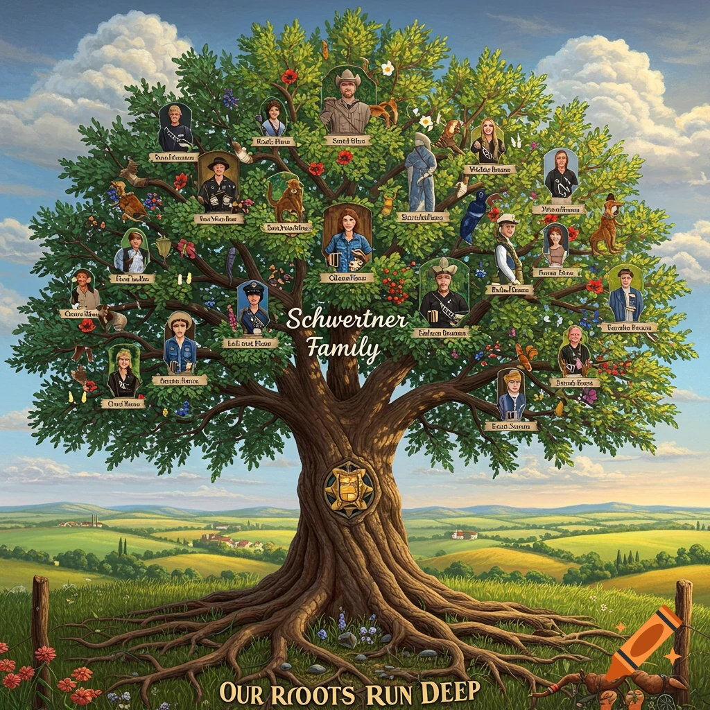 Tree of life with the text "Schwertner Family" and "Our Roots Run Deep ...