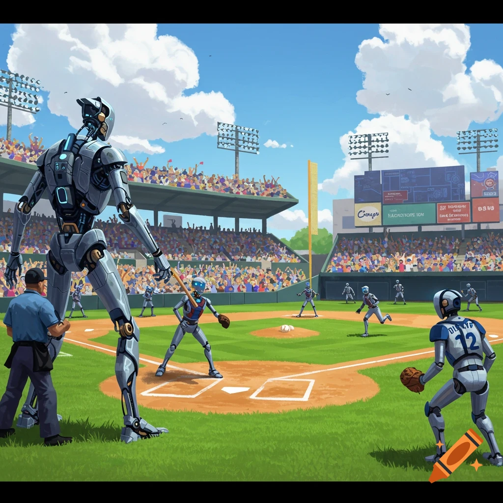 A baseball game in a stadium where robots play and a giant robot is the ...
