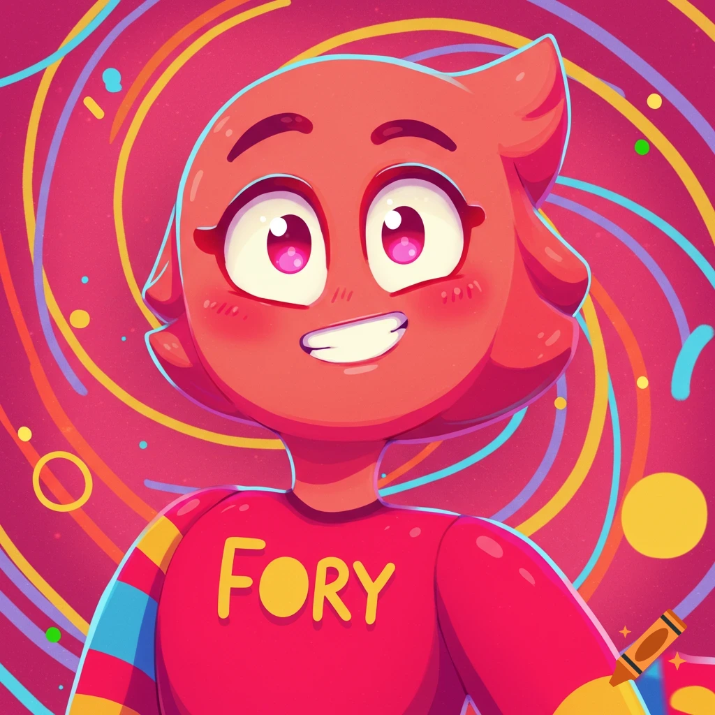 A cartoon character with red skin, pink eyes, and red shirt with 'FORY ...