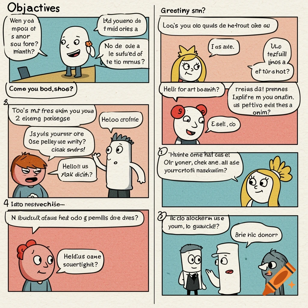 Comic strip illustrating Spanish greetings vocabulary on Craiyon