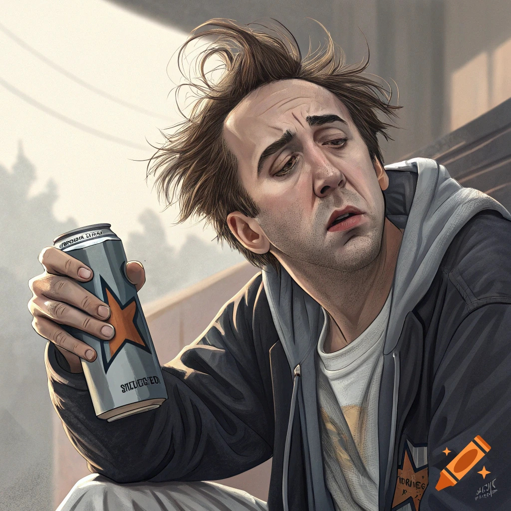 Illustration of a tired man resembling Nicolas Cage holding a can of ...