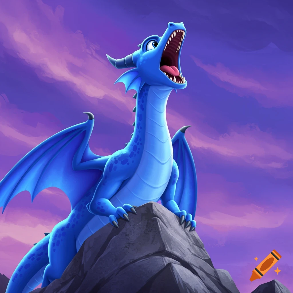 Blue animated dragon yelling on a rock on Craiyon