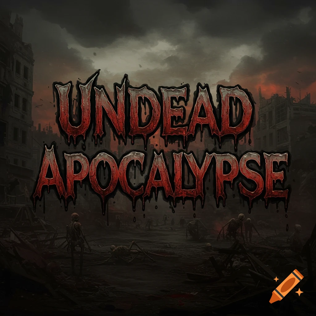A ruined city with skeletons and the text "UNDEAD APOCALYPSE" in bloody ...