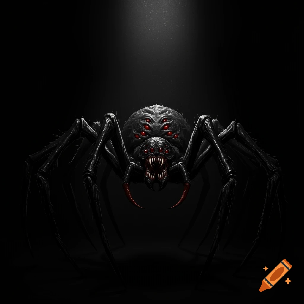 Front view of a mechanical spider defender with red spin and eyes ...