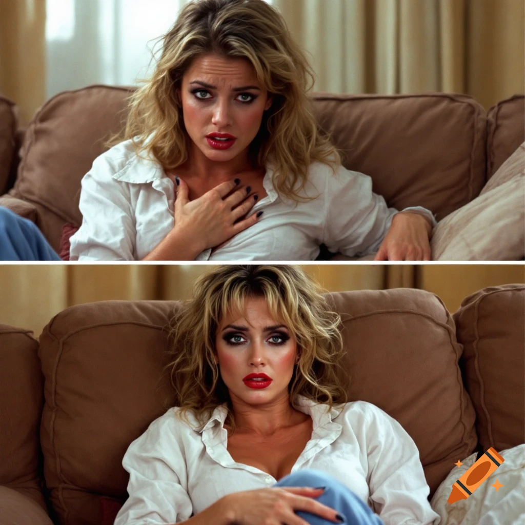 Two panels showing a woman's transformation, 90s movie style on Craiyon