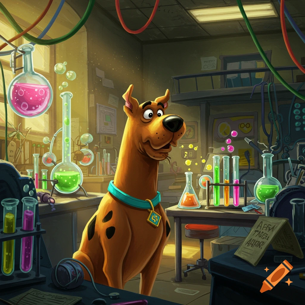 Scooby-Doo is in a lab with beakers and test tubes. on Craiyon