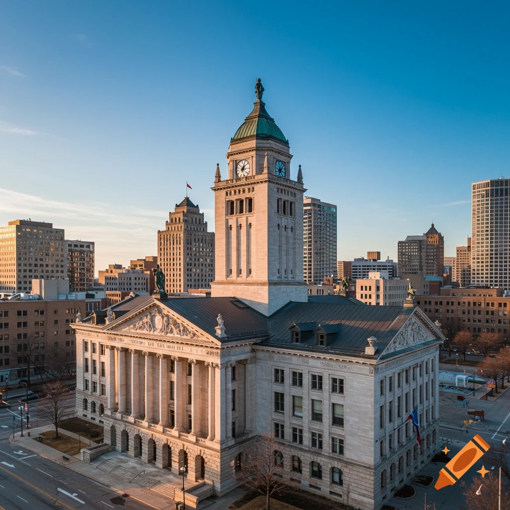 A photorealistic image of a large modern building with a geodesic dome ...