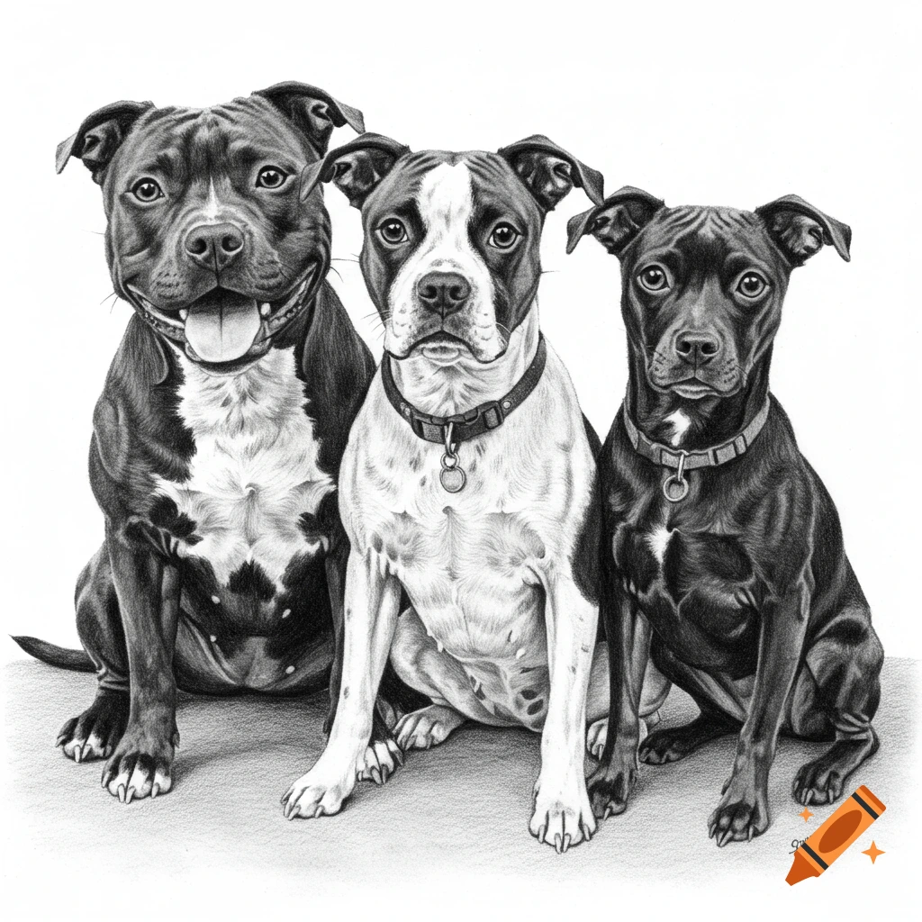 Pencil drawing of three dogs: American Staffordshire, mini boxer, and ...