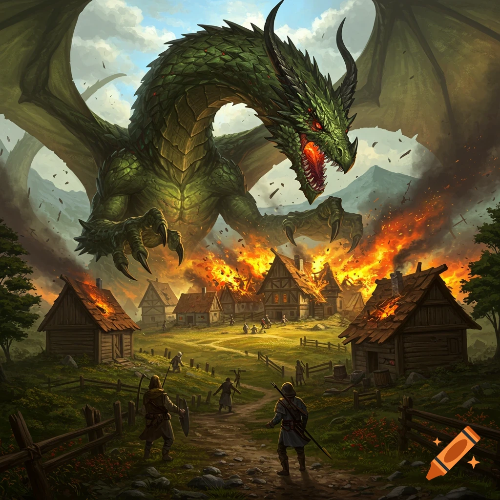 A huge green dragon destroying a village with fire on Craiyon