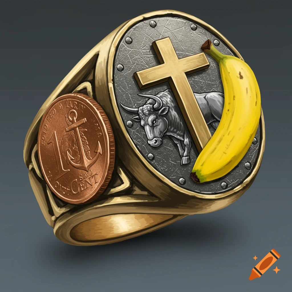 Family crest ring with cross, bull, anchor, coin, and banana on Craiyon