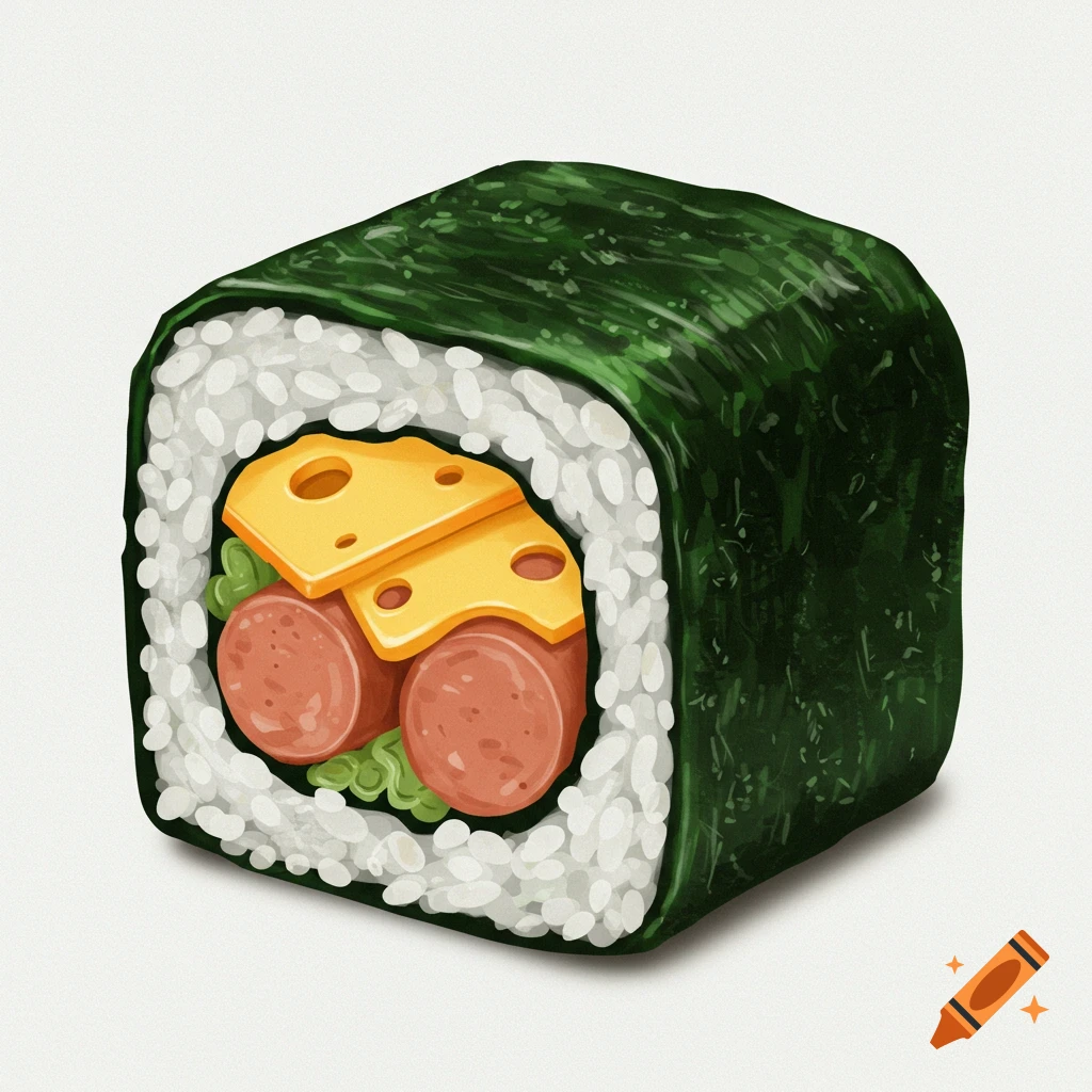 A sushi roll filled with hotdogs and American cheese. on Craiyon