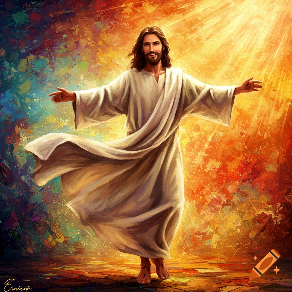 Image of Jesus in a flowing white robe with arms outstretched against a ...