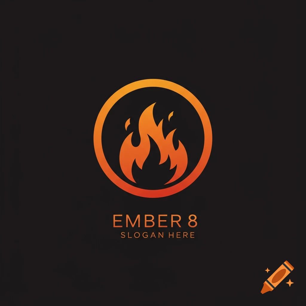 Circular logo with burning orange fire for Ember 8 on Craiyon