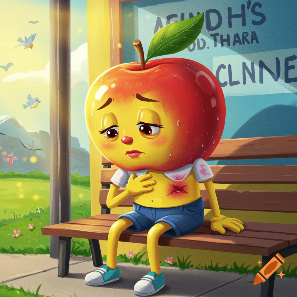 Sad apple character Annie sitting outside Dr. Banana's clinic on Craiyon