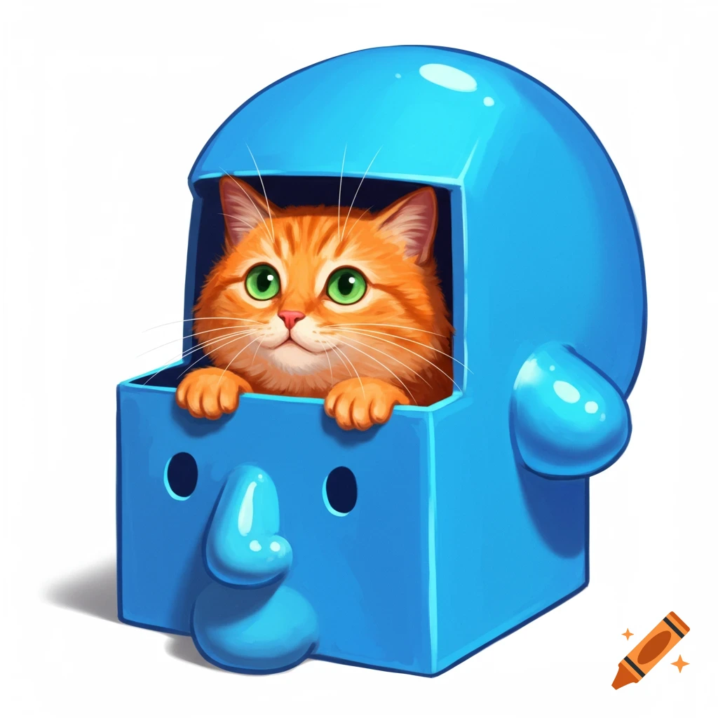 Orange cat peeking out of a blue box head on Craiyon