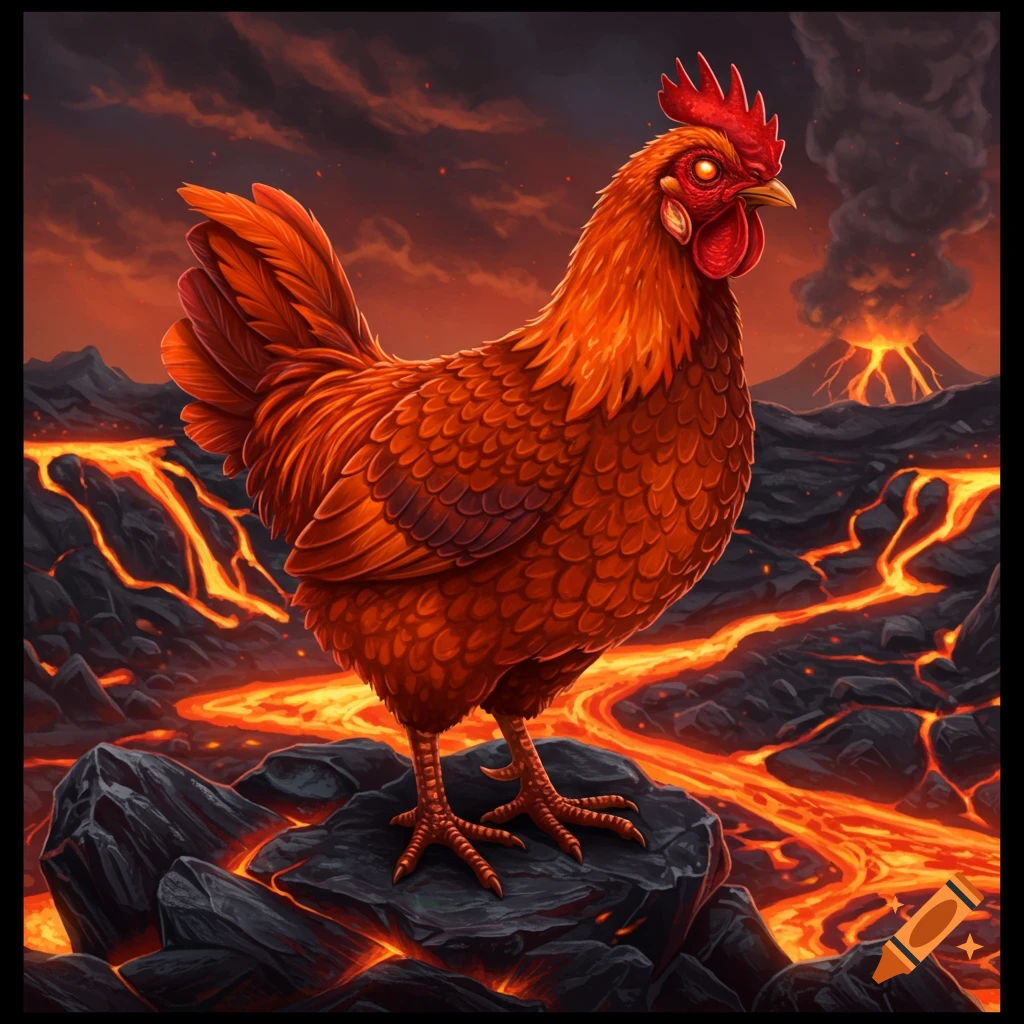 A chicken standing on rocks in a volcanic landscape with lava flows and ...