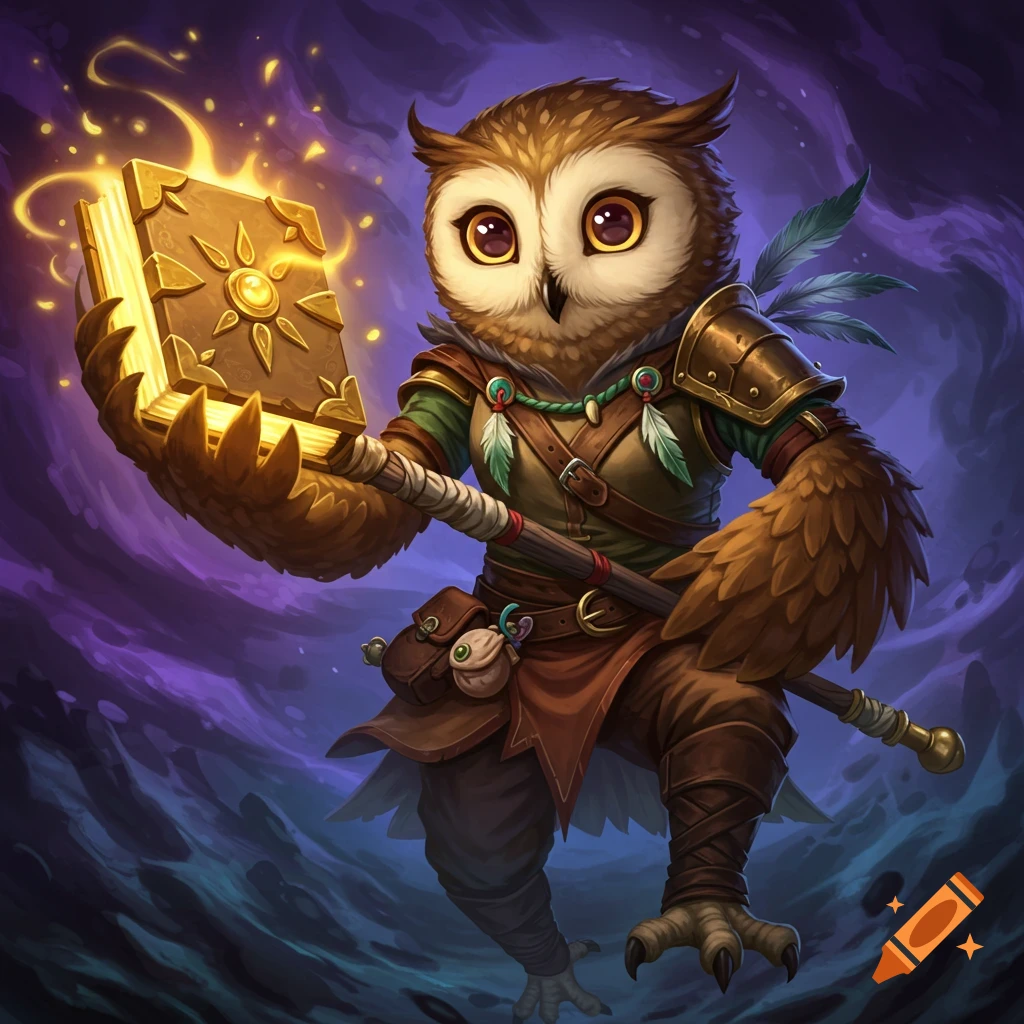 Chaotic good owl cleric D&D character with mace and brass book head on ...