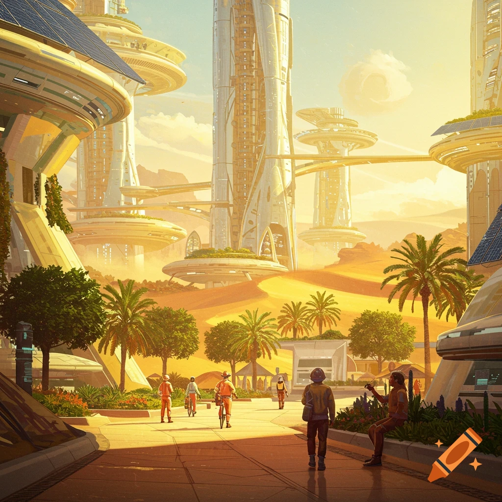 A solarpunk city in the desert with tall buildings, palm trees, and ...