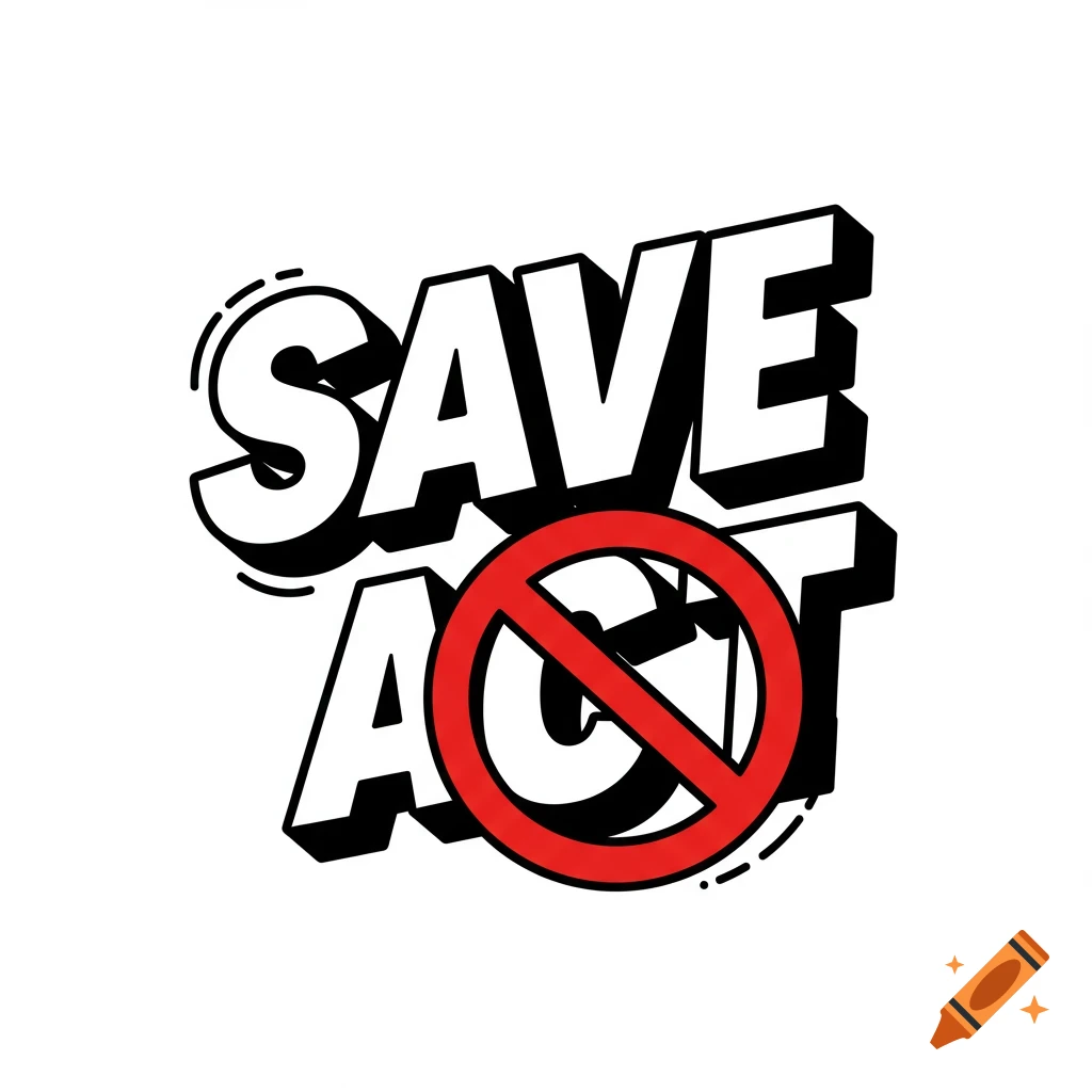 Cartoon graphic with the words 'Save. Act.' and a red prohibition ...