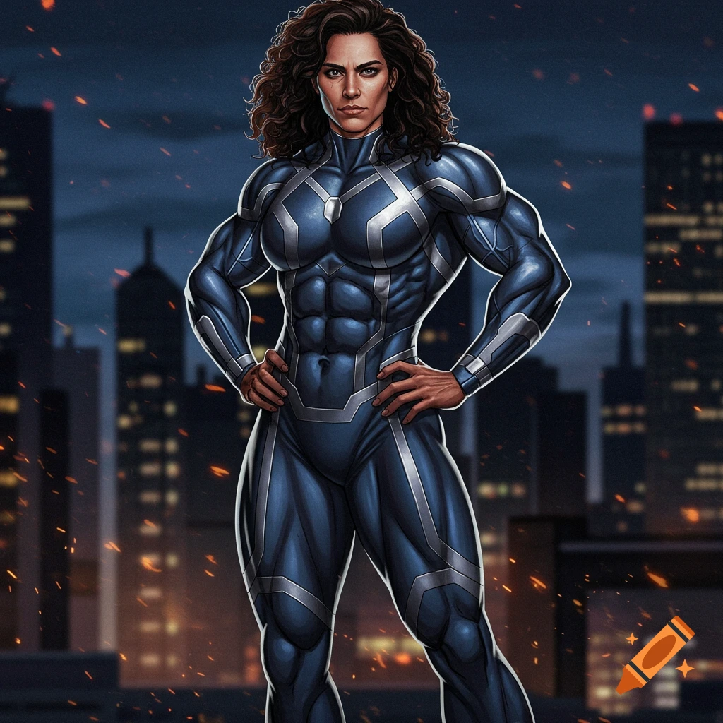 Image of a muscular female superhero in a red and grey suit flexing her bicep against a city ...