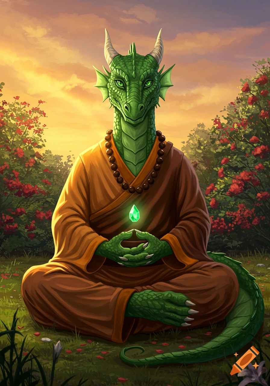Emerald green dragon in monk's robes sitting in a garden on Craiyon