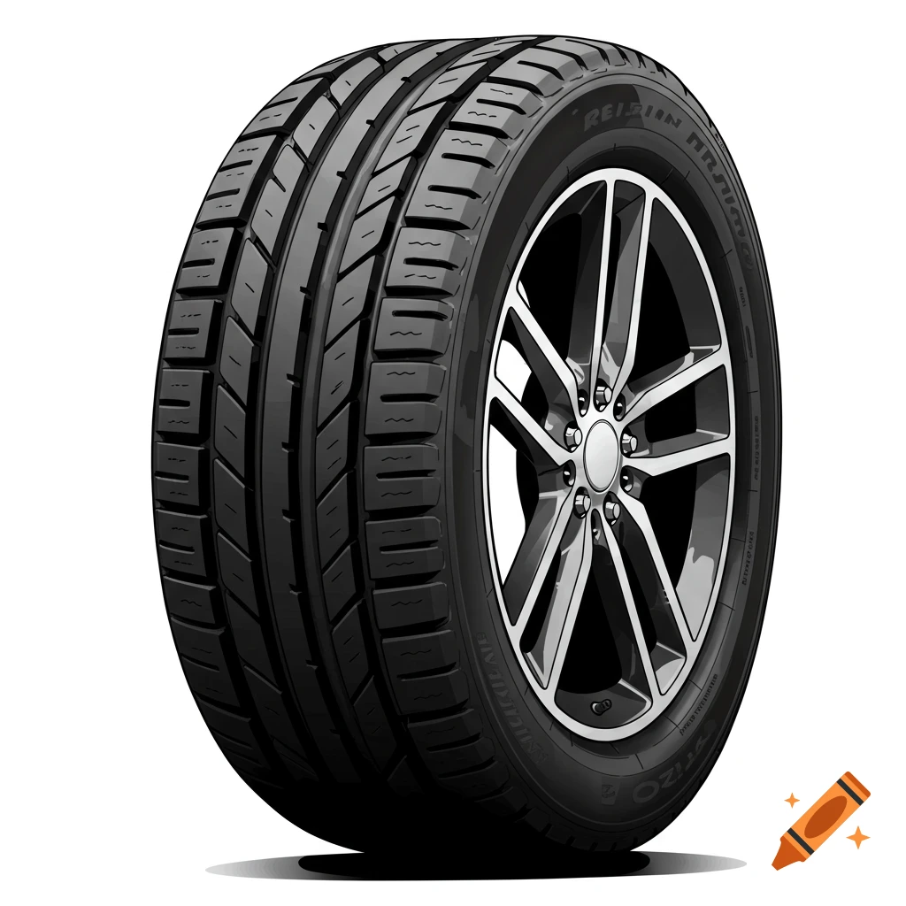 Close-up view of a tire and wheel against a white background. on Craiyon