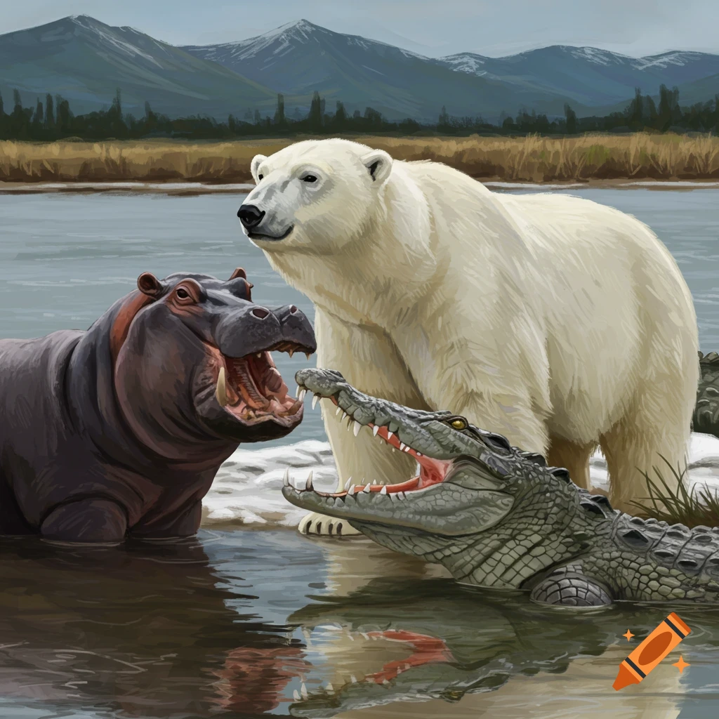 Crocodiles, hippo, and polar bear combined habitats on Craiyon