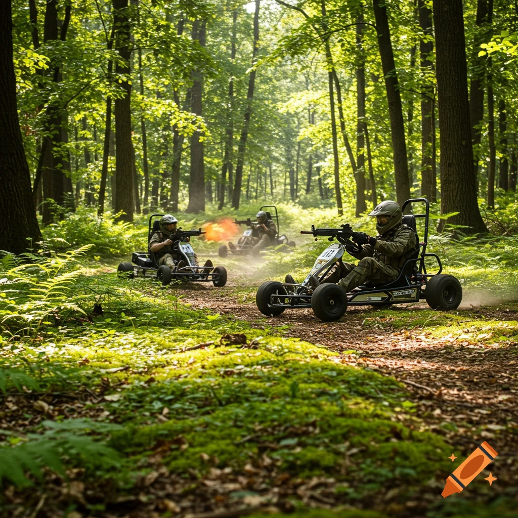 Airsoft go-kart battle in a forest with four people racing on two karts ...