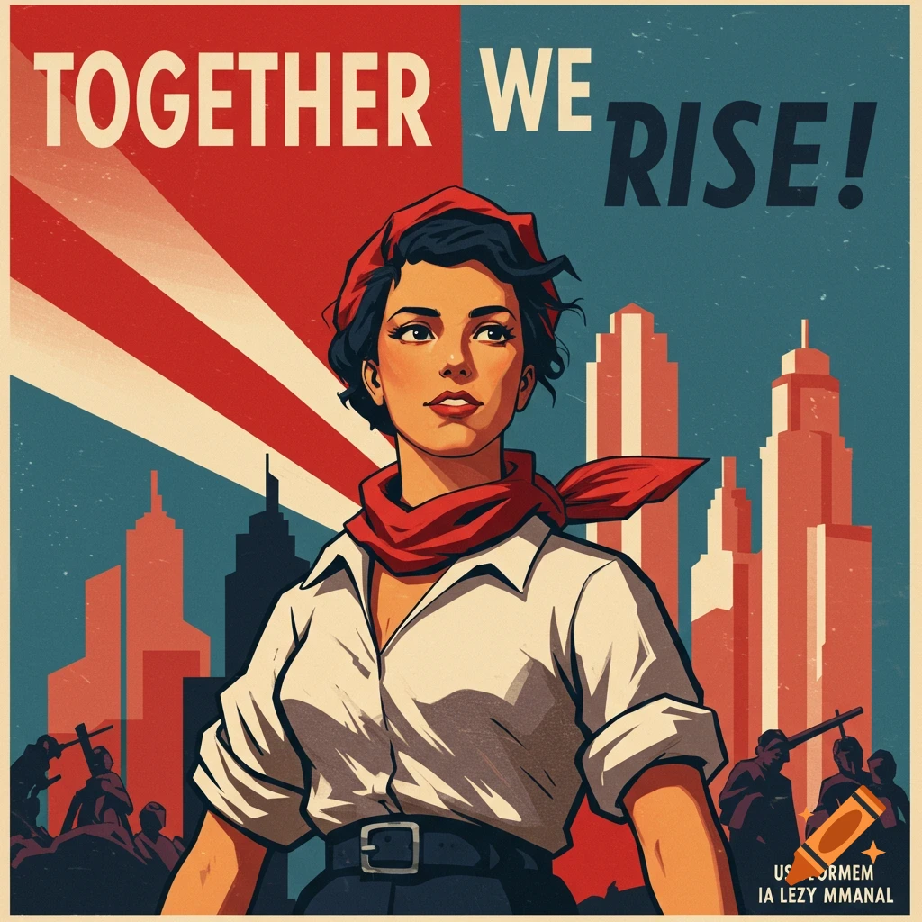 Propaganda poster of a woman in a headscarf with text "TOGETHER WE RISE ...