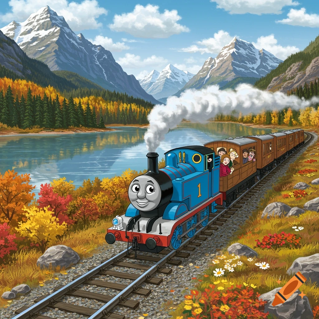 Thomas the Tank Engine pulls passenger cars through a mountainous autumn landscape beside a lake ...