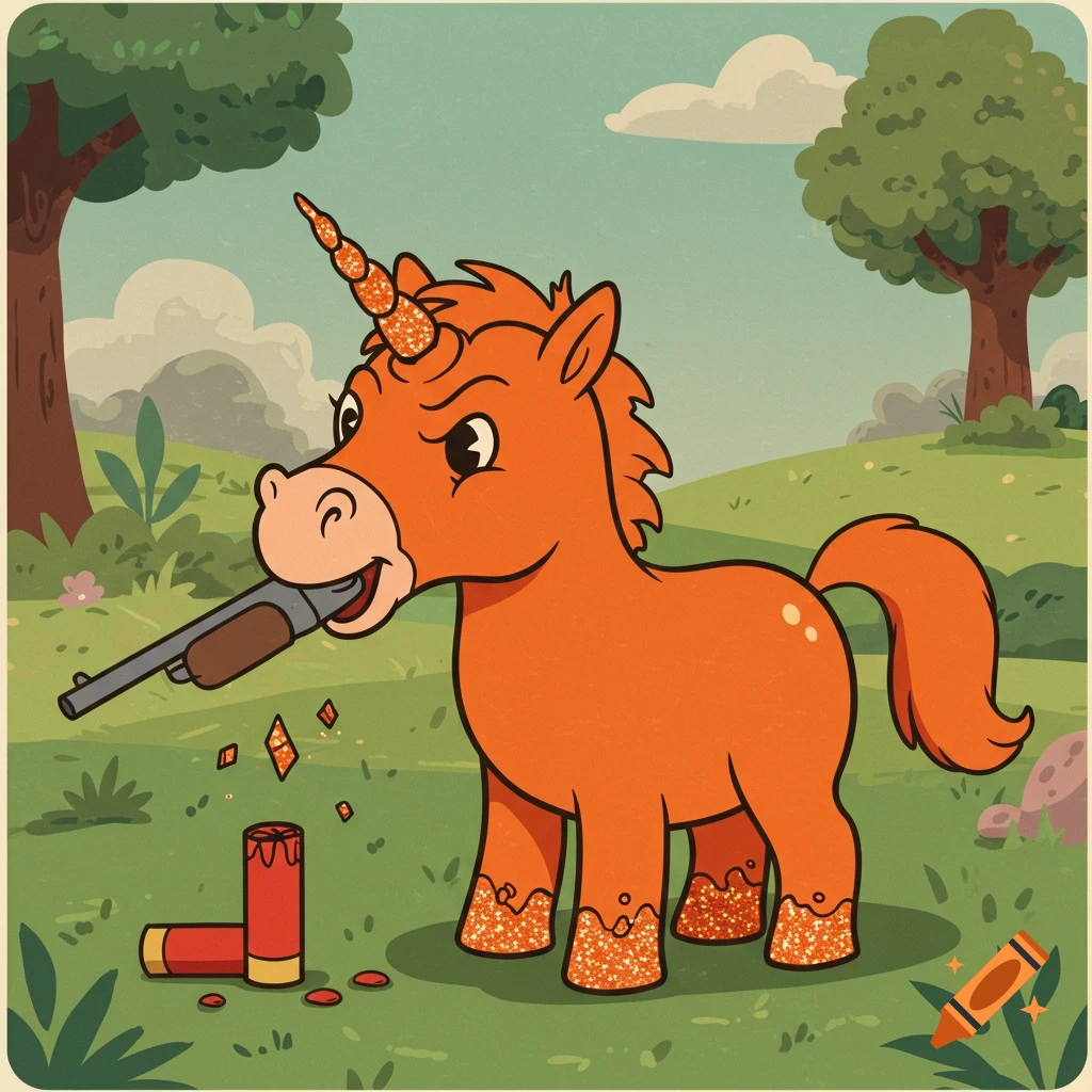 Orange unicorn biting shotgun shell in old fantasy cartoon style on Craiyon