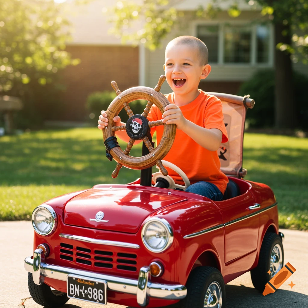 Cartoon of a bald kid driving a car with a pirate steering wheel on Craiyon
