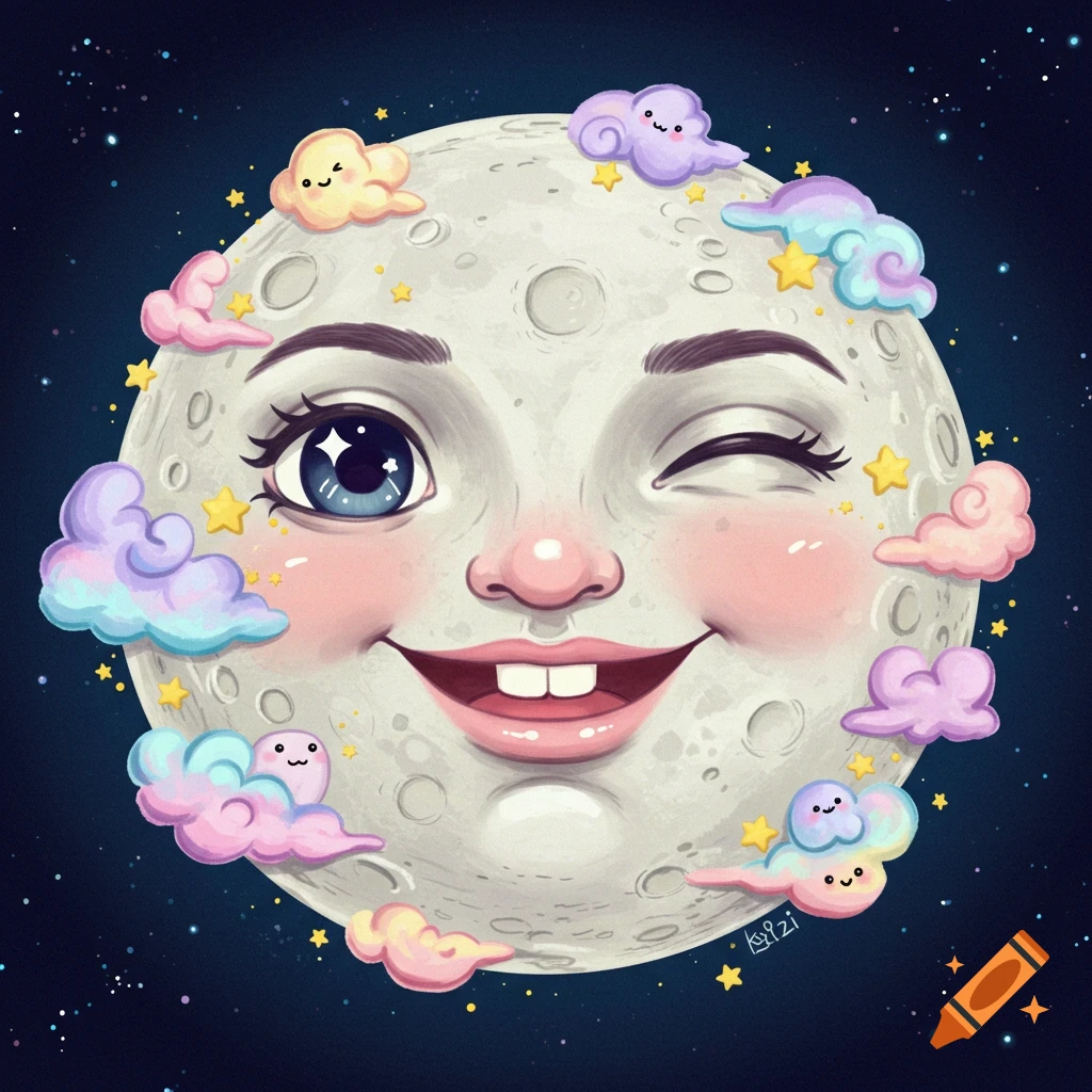 A whimsical moon face with rosy cheeks, winking, surrounded by smiling ...