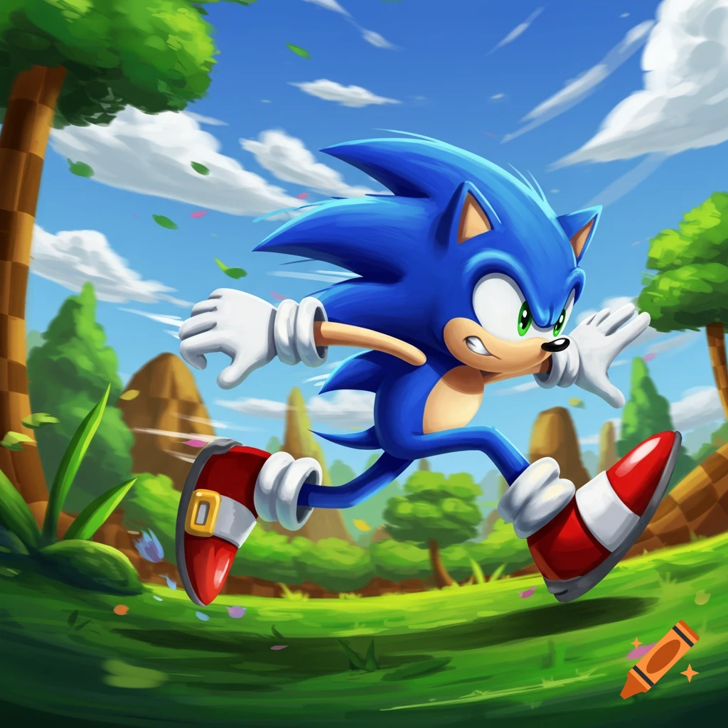 Sonic the Hedgehog running through a grassy landscape with palm trees ...